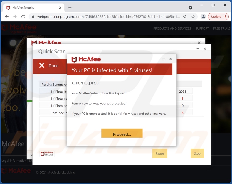 Estafa Emergente McAfee Your PC Is Infected With 5 Viruses Pasos